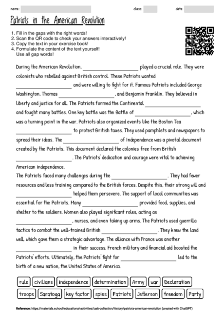 Worksheet with the topic "Patriots in the American Revolution ...