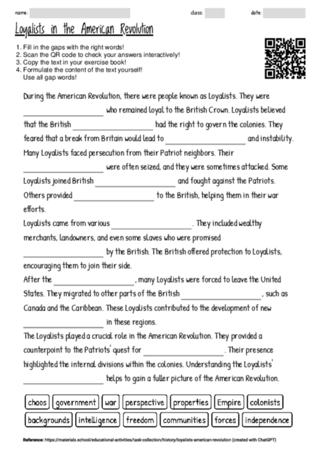 Worksheet with the topic "Loyalists in the American Revolution ...