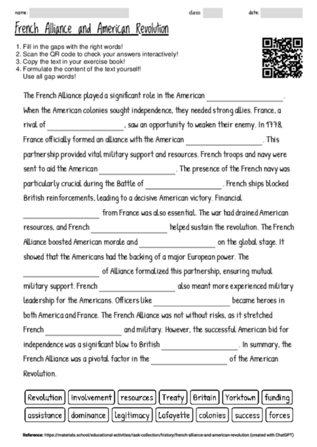 Worksheet with the topic "French Alliance and American Revolution ...