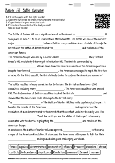 Worksheet with the topic "Bunker Hill Battle Overview" | MATERIALS.SCHOOL