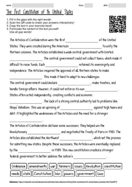 Worksheet with the topic "The First Constitution of th United States ...