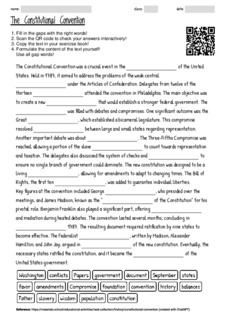 Worksheet with the topic "The Constitutional Convention" | MATERIALS.SCHOOL
