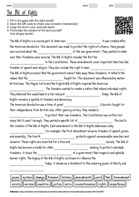 Worksheet with the topic "The Bill of Rights" | MATERIALS.SCHOOL