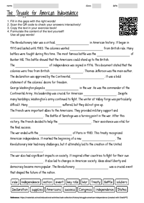 Worksheet with the topic "The Struggle for American Independence ...
