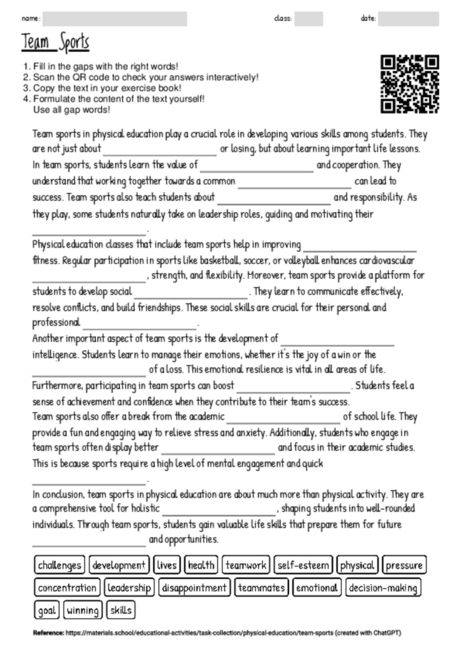 Worksheet with the topic "Team Sports" | MATERIALS.SCHOOL