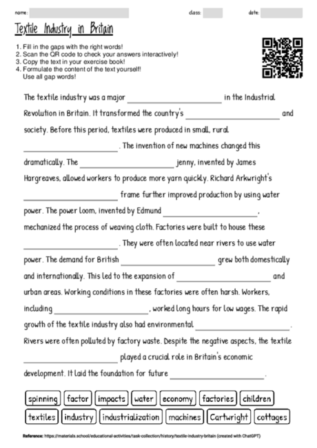 Worksheet with the topic "Textile Industry in Britain" | MATERIALS.SCHOOL