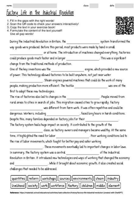 Worksheet with the topic "Factory Life in the Industrial Revolution ...