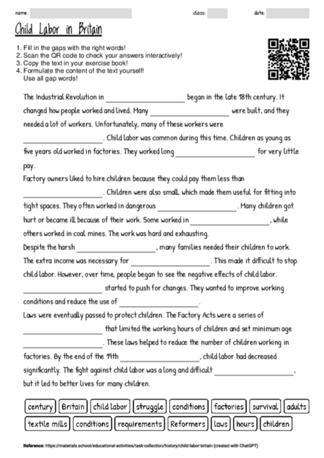 Worksheet with the topic "Child Labor in Britain" | MATERIALS.SCHOOL