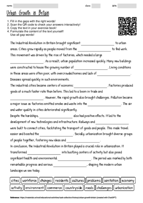 Worksheet with the topic "Urban Growth in Britain" | MATERIALS.SCHOOL