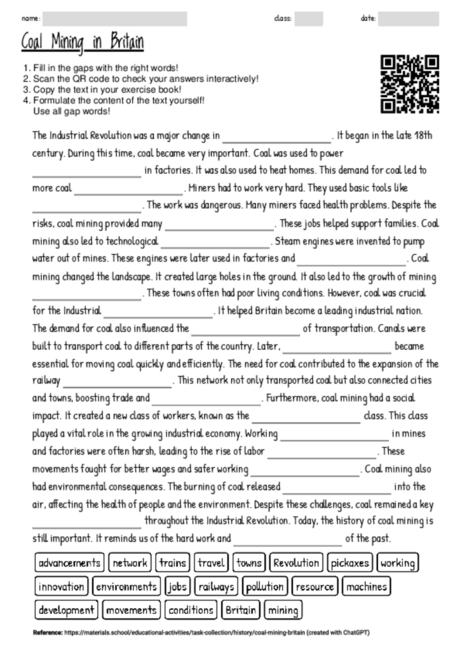 Worksheet with the topic "Coal Mining in Britain" | MATERIALS.SCHOOL