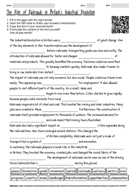 Worksheet with the topic "The Role of Railroads in Britain’s Industrial ...