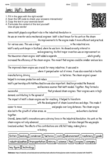 Worksheet with the topic "James Watt's Inventions" | MATERIALS.SCHOOL