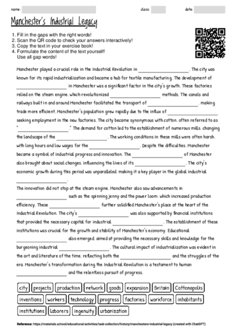 Worksheet with the topic "Manchester's Industrial Legacy" | MATERIALS ...