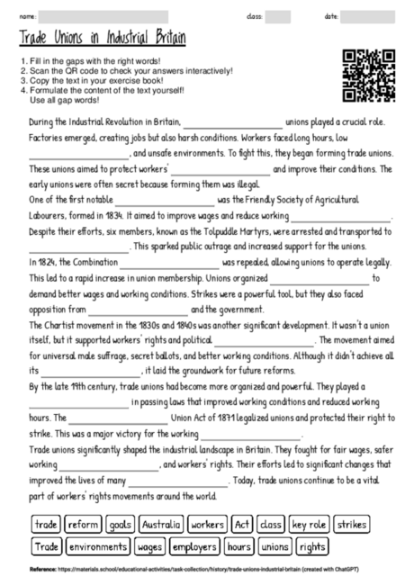 Worksheet with the topic "Trade Unions in Industrial Britain ...