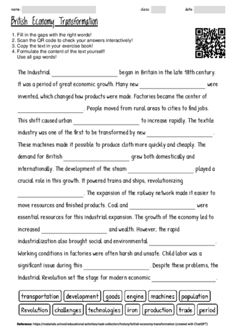 Worksheet with the topic "British Economy Transformation" | MATERIALS ...