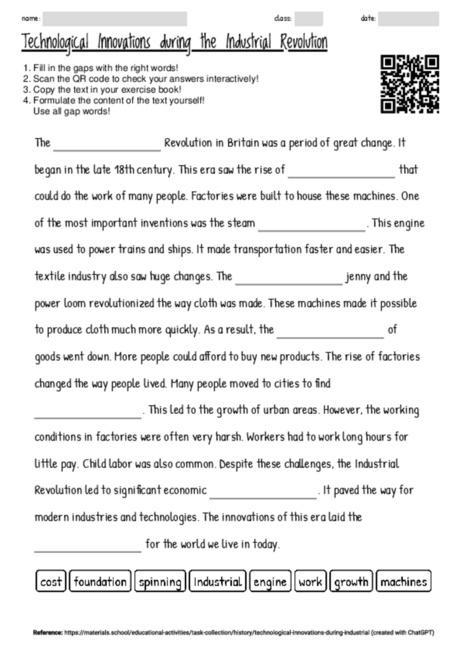 Worksheet with the topic "Technological Innovations during the ...