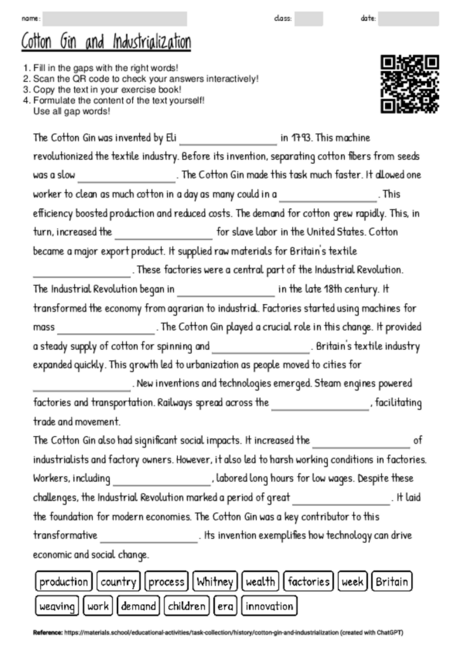 Worksheet with the topic "Cotton Gin and Industrialization" | MATERIALS ...