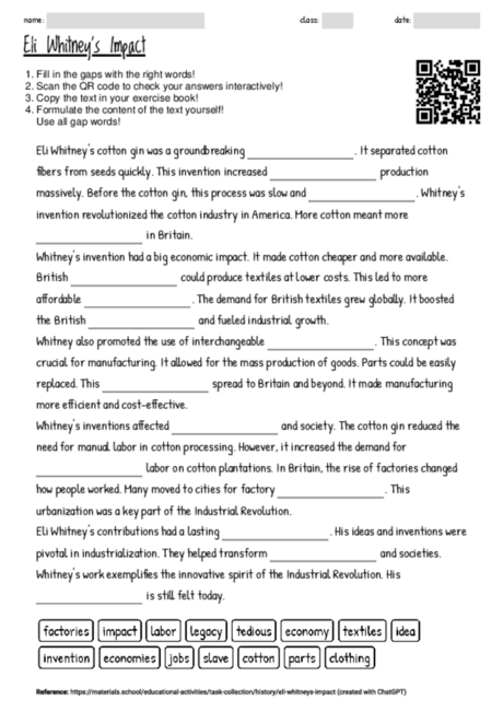 Worksheet with the topic "Eli Whitney's Impact" | MATERIALS.SCHOOL
