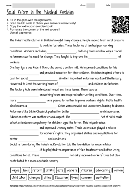 Worksheet with the topic "Social Reform in the Industrial Revolution ...