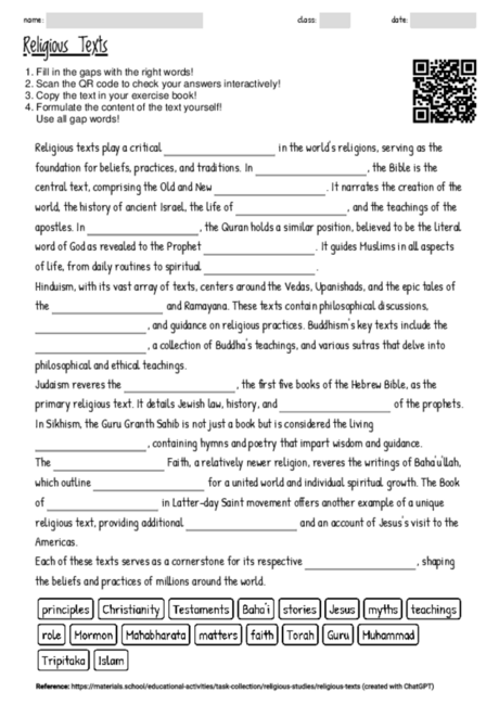 Worksheet with the topic "Religious Texts" | MATERIALS.SCHOOL