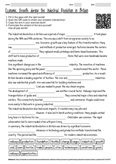 Worksheet with the topic "Economic Growth during the Industrial ...