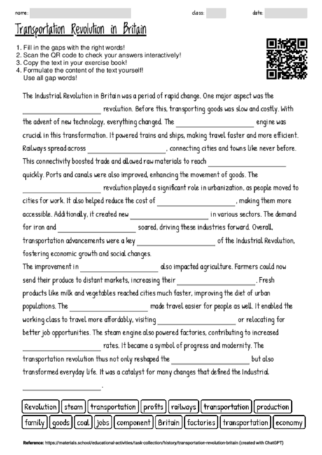 Worksheet with the topic "Transportation Revolution in Britain ...