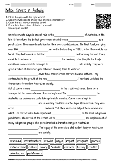 Worksheet with the topic "British Convicts in Australia" | MATERIALS.SCHOOL