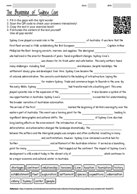 Worksheet with the topic "The Beginning of Sydney Cove" | MATERIALS.SCHOOL
