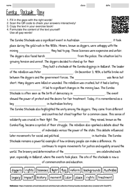 Worksheet with the topic "Eureka Stockade Story" | MATERIALS.SCHOOL
