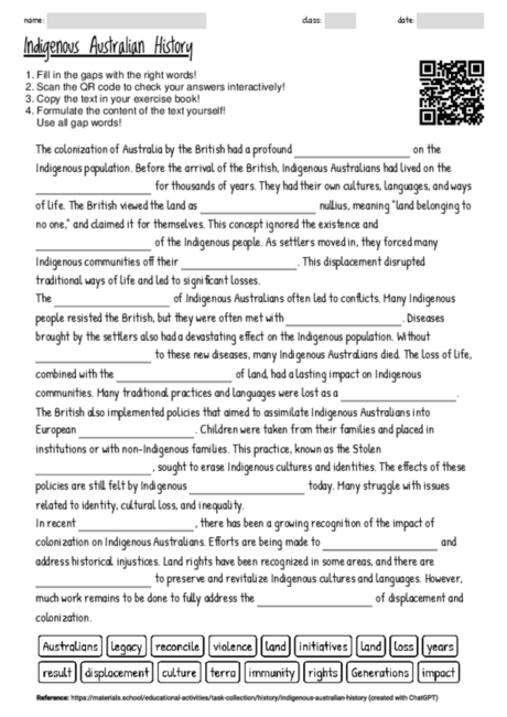 Worksheet with the topic "Indigenous Australian History" | MATERIALS.SCHOOL