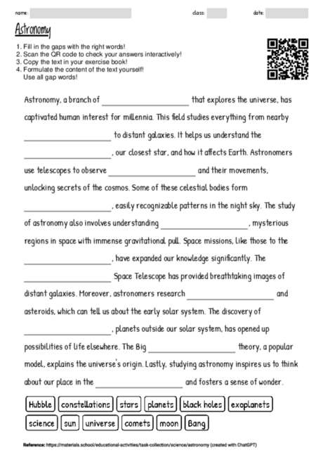 Worksheet with the topic "Astronomy" | MATERIALS.SCHOOL