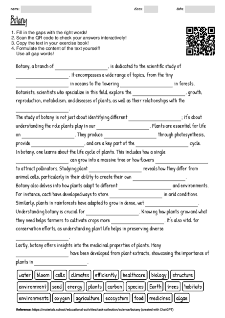 Worksheet with the topic "Botany" | MATERIALS.SCHOOL