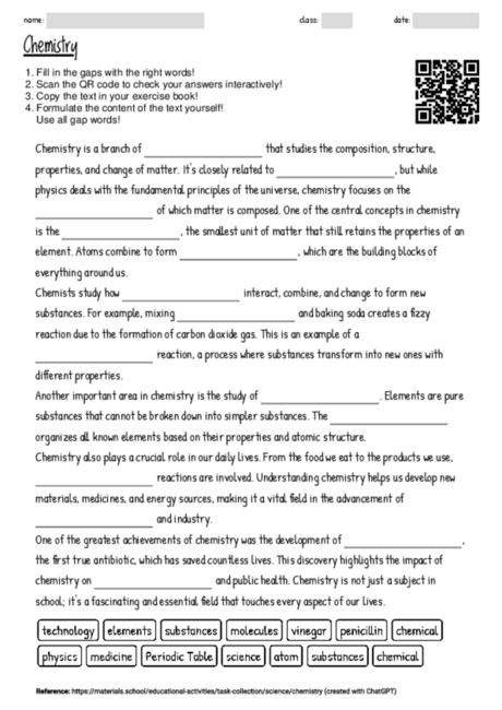 Worksheet with the topic "Chemistry" | MATERIALS.SCHOOL