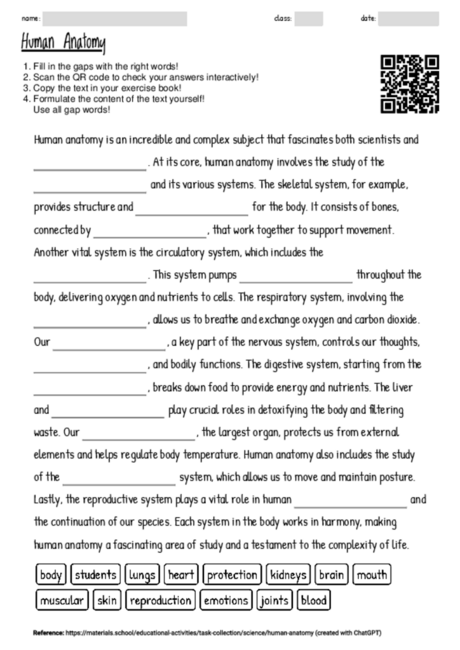 Worksheet with the topic "Human Anatomy" | MATERIALS.SCHOOL
