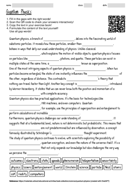 Worksheet with the topic "Quantum Physics" | MATERIALS.SCHOOL