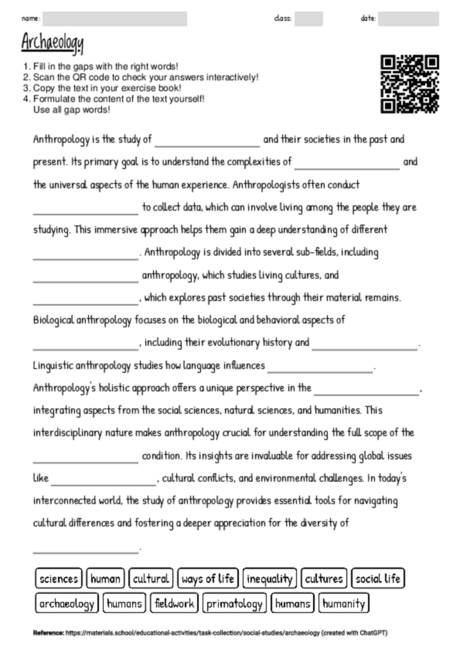 Worksheet with the topic "Archaeology" | MATERIALS.SCHOOL