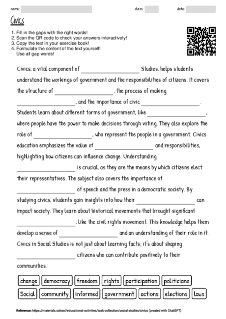 Worksheet with the topic "Civics" | MATERIALS.SCHOOL