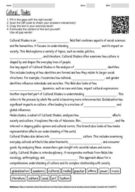 Worksheet with the topic "Cultural Studies" | MATERIALS.SCHOOL