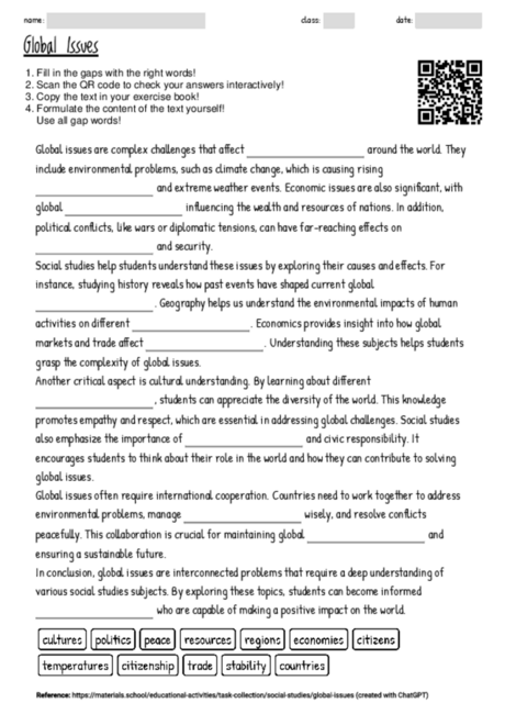 Worksheet with the topic "Global Issues" | MATERIALS.SCHOOL