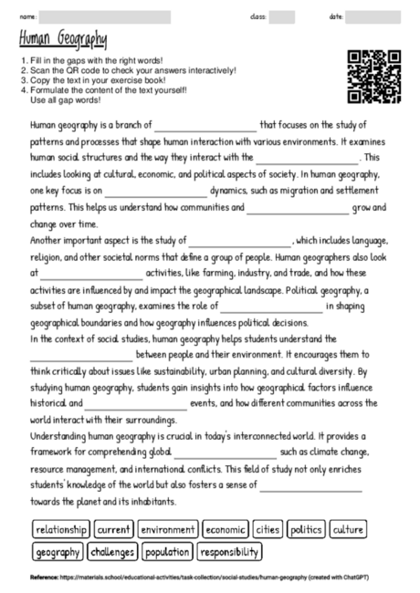 Worksheet with the topic "Human Geography" | MATERIALS.SCHOOL