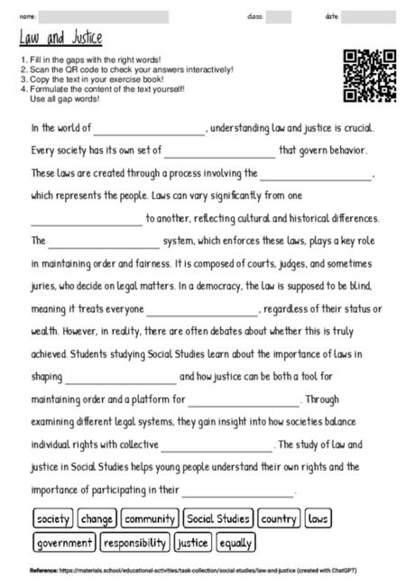 Worksheet with the topic "Law and Justice" | MATERIALS.SCHOOL