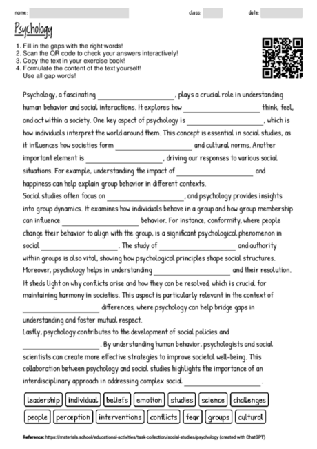 Worksheet with the topic "Psychology" | MATERIALS.SCHOOL