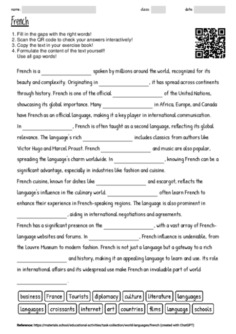 Worksheet with the topic "French" | MATERIALS.SCHOOL