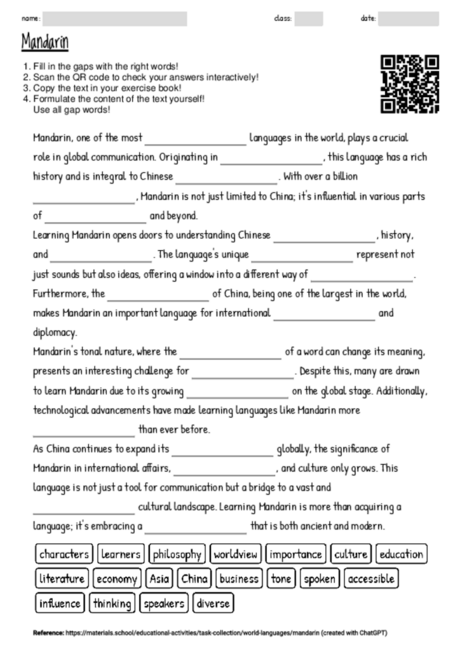 Worksheet with the topic "Mandarin" | MATERIALS.SCHOOL