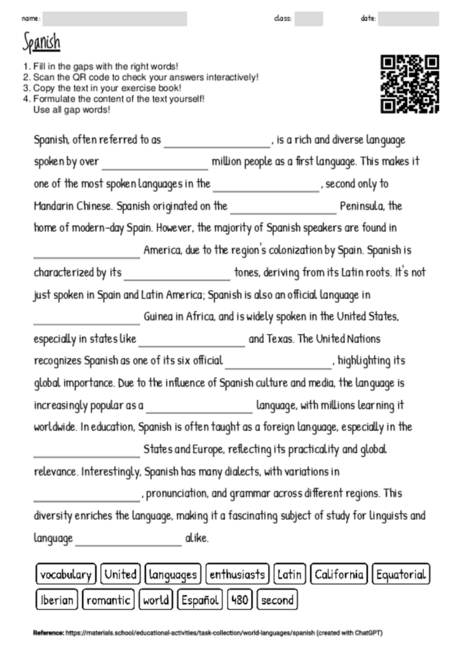 Worksheet with the topic "Spanish" | MATERIALS.SCHOOL