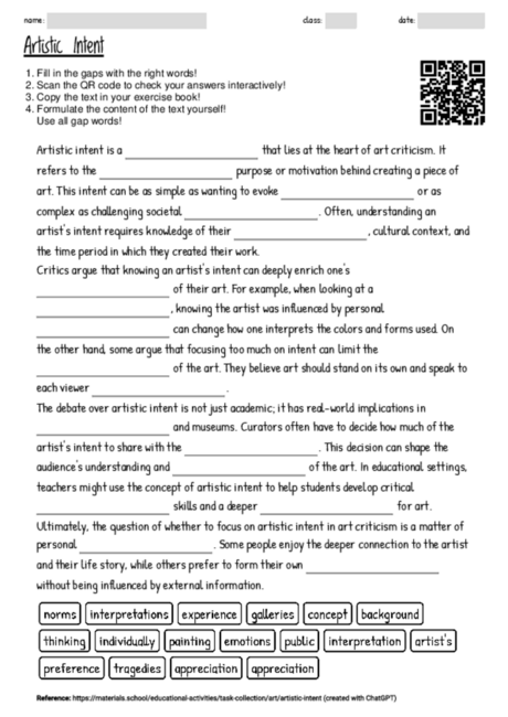 Worksheet with the topic "Artistic Intent" | MATERIALS.SCHOOL
