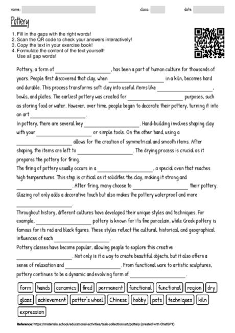 Worksheet with the topic "Pottery" | MATERIALS.SCHOOL