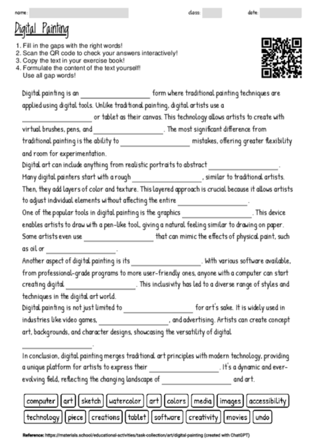 Worksheet with the topic "Digital Painting" | MATERIALS.SCHOOL