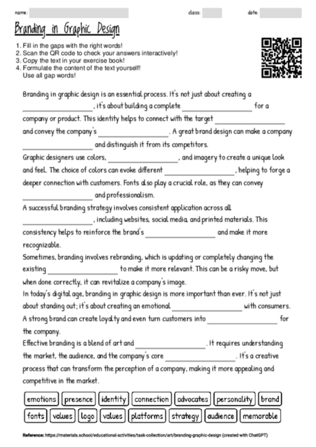 Worksheet with the topic "Branding in Graphic Design" | MATERIALS.SCHOOL