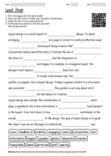 Worksheet with the topic "Layout Design" | MATERIALS.SCHOOL